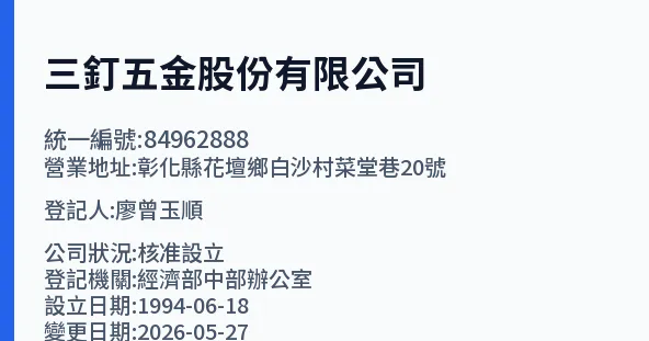 三釘五金股份有限公司的照片-統編 84962888(彰化縣) 公司登記資料與營業項目詳細圖表