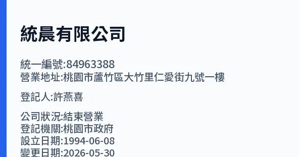 統晨有限公司的照片-統編 84963388(桃園市) 公司登記資料與營業項目詳細圖表