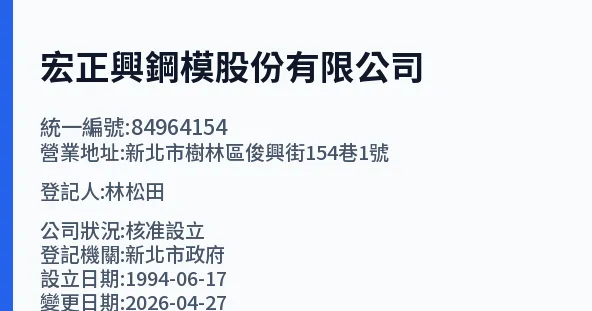 宏正興鋼模股份有限公司的照片-統編 84964154(新北市) 公司登記資料與營業項目詳細圖表