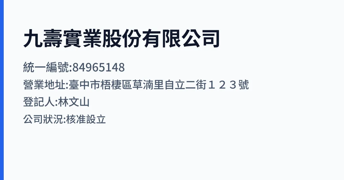 九壽實業股份有限公司 - 統編 84965148(臺中市) 公司登記資料與營業項目詳細圖表