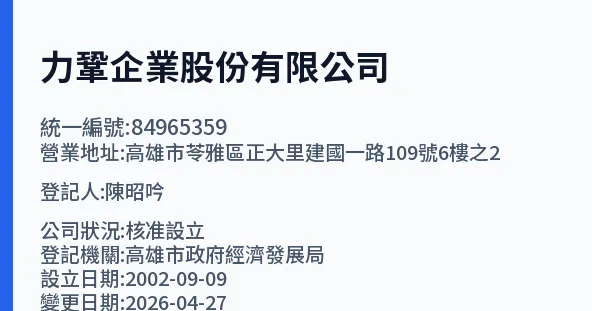 力鞏企業股份有限公司的照片-統編 84965359(高雄市) 公司登記資料與營業項目詳細圖表