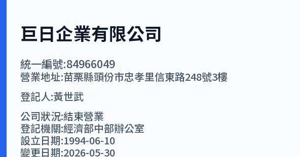 巨日企業有限公司的照片-統編 84966049(苗栗縣) 公司登記資料與營業項目詳細圖表