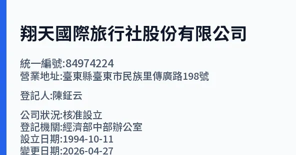 翔天國際旅行社股份有限公司的照片-統編 84974224(臺東縣) 公司登記資料與營業項目詳細圖表