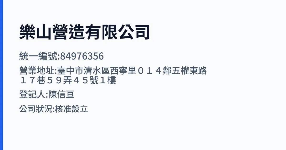 樂山營造有限公司 - 統編 84976356(臺中市) 公司登記資料與營業項目詳細圖表