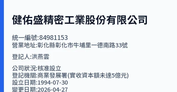 健佑盛精密工業股份有限公司的照片-統編 84981153(彰化縣) 公司登記資料與營業項目詳細圖表