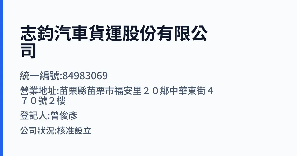 志鈞汽車貨運股份有限公司 - 統編 84983069(苗栗縣) 公司登記資料與營業項目詳細圖表