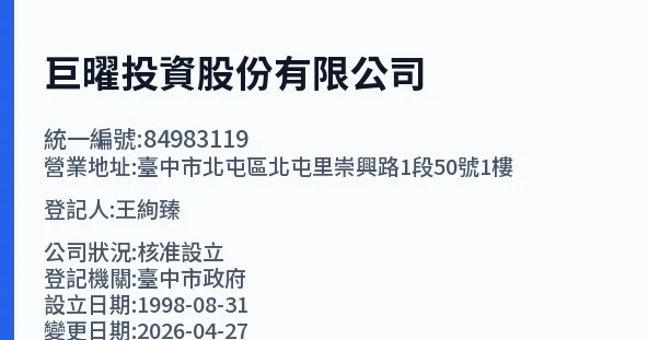 巨曜投資股份有限公司的照片-統編 84983119(臺中市) 公司登記資料與營業項目詳細圖表