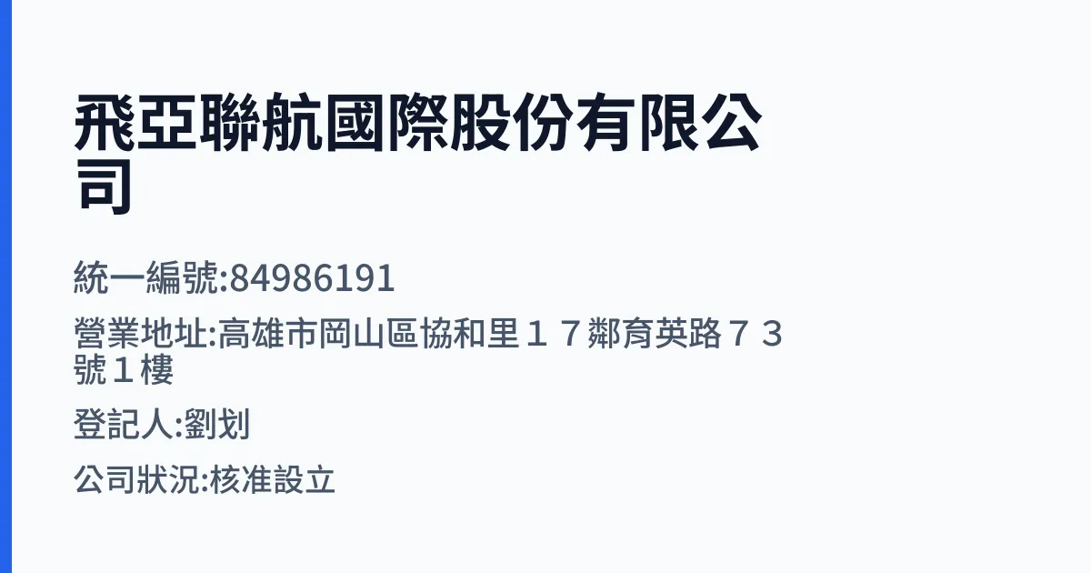 飛亞聯航國際股份有限公司 - 統編 84986191 (高雄市) 公司登記資料與營業項目詳細圖表