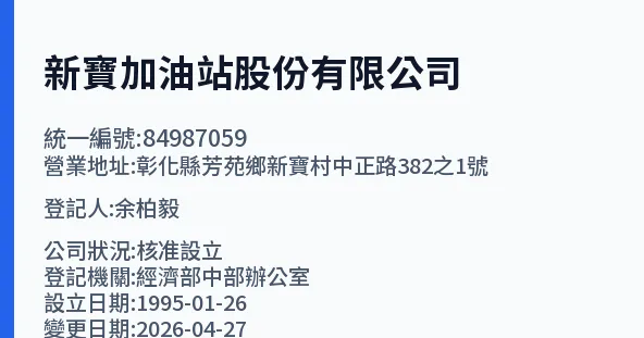 新寶加油站股份有限公司的照片-統編 84987059(彰化縣) 公司登記資料與營業項目詳細圖表