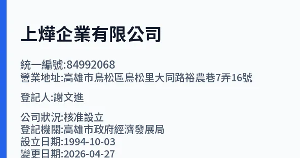 上燁企業有限公司的照片-統編 84992068(高雄市) 公司登記資料與營業項目詳細圖表