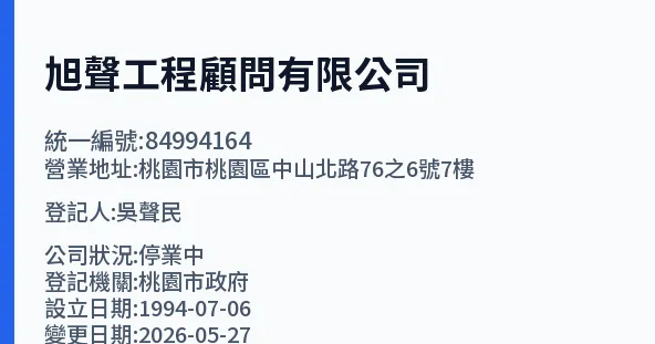 旭聲工程顧問有限公司的照片-統編 84994164(桃園市) 公司登記資料與營業項目詳細圖表