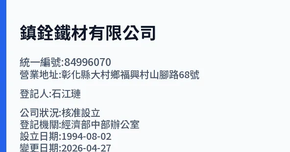 鎮銓鐵材有限公司的照片-統編 84996070(彰化縣) 公司登記資料與營業項目詳細圖表