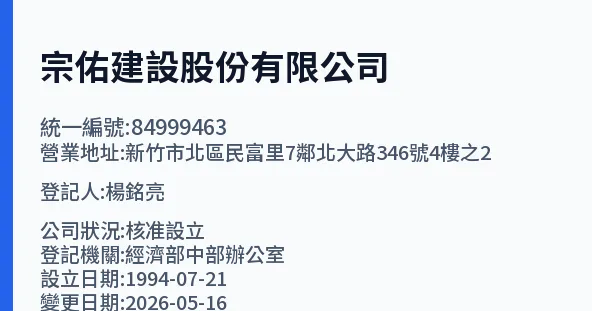 宗佑建設股份有限公司的照片-統編 84999463(新竹市) 公司登記資料與營業項目詳細圖表