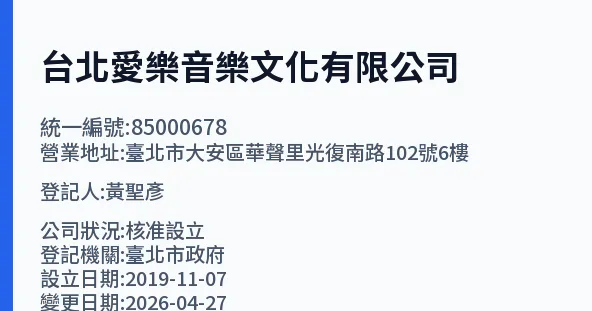 台北愛樂音樂文化有限公司的照片-統編 85000678(臺北市) 公司登記資料與營業項目詳細圖表