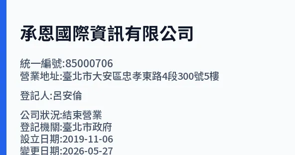 承恩國際資訊有限公司的照片-統編 85000706(臺北市) 公司登記資料與營業項目詳細圖表