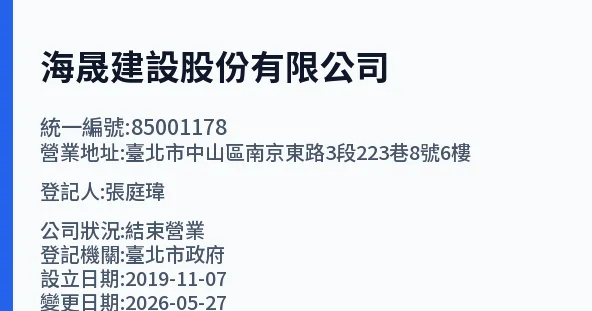 海晟建設股份有限公司的照片-統編 85001178(臺北市) 公司登記資料與營業項目詳細圖表
