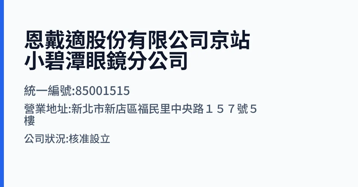 恩戴適股份有限公司京站小碧潭眼鏡分公司 - 統編 85001515(新北市) 公司登記資料與營業項目詳細圖表