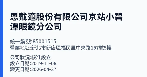 恩戴適股份有限公司京站小碧潭眼鏡分公司的照片-統編 85001515(新北市) 公司登記資料與營業項目詳細圖表