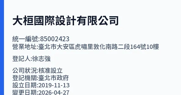 大桓國際設計有限公司的照片-統編 85002423(臺北市) 公司登記資料與營業項目詳細圖表