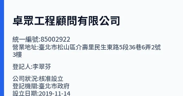 卓眾工程顧問有限公司的照片-統編 85002922(臺北市) 公司登記資料與營業項目詳細圖表