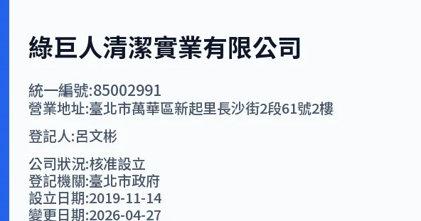 綠巨人清潔實業有限公司的照片-統編 85002991(臺北市) 公司登記資料與營業項目詳細圖表