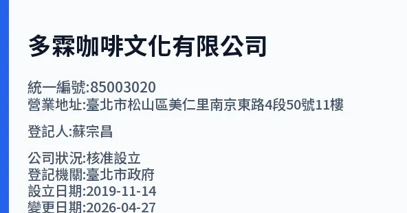 多霖咖啡文化有限公司的照片-統編 85003020(臺北市) 公司登記資料與營業項目詳細圖表