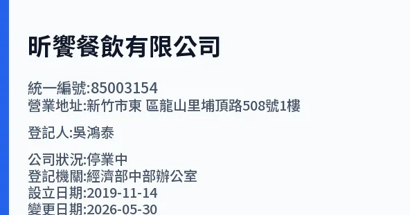 昕饗餐飲有限公司的照片-統編 85003154(新竹市) 公司登記資料與營業項目詳細圖表