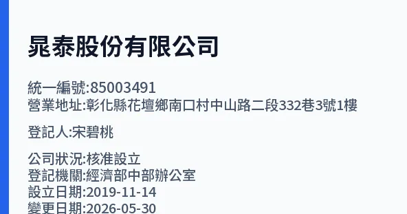 晁泰股份有限公司的照片-統編 85003491(彰化縣) 公司登記資料與營業項目詳細圖表