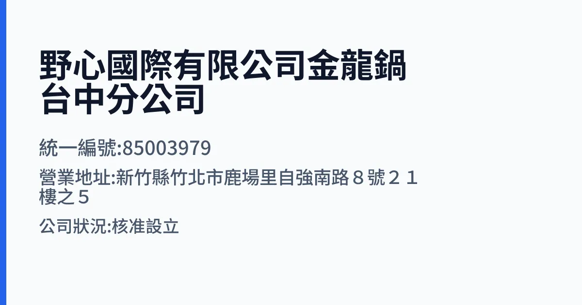 野心國際有限公司金龍鍋台中分公司 - 統編 85003979(新竹縣) 公司登記資料與營業項目詳細圖表