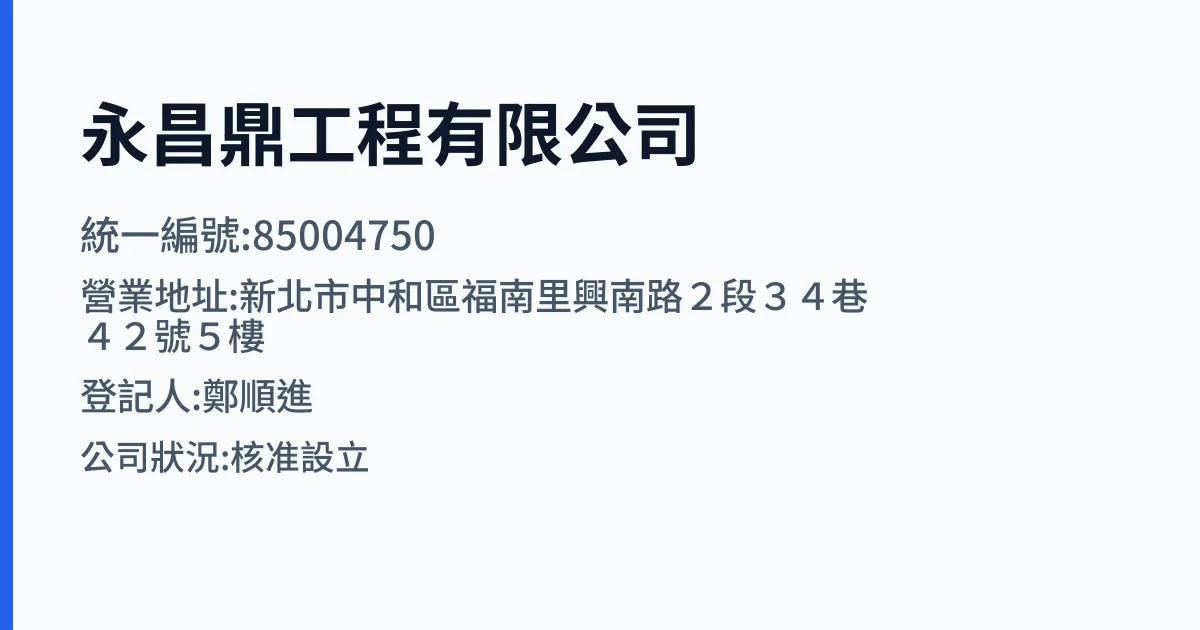 永昌鼎工程有限公司 - 統編 85004750(新北市) 公司登記資料與營業項目詳細圖表