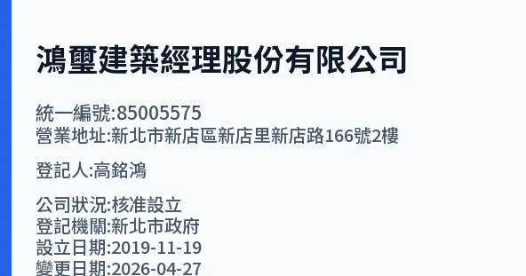 鴻璽建築經理股份有限公司的照片-統編 85005575(新北市) 公司登記資料與營業項目詳細圖表