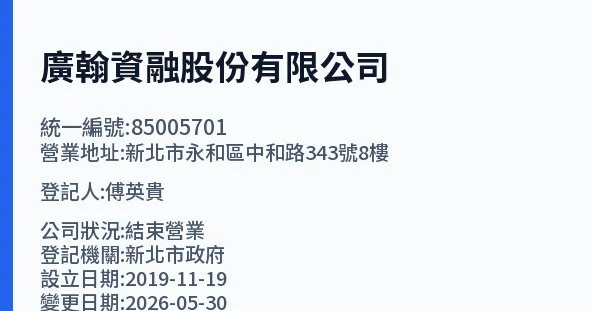 廣翰資融股份有限公司的照片-統編 85005701(新北市) 公司登記資料與營業項目詳細圖表