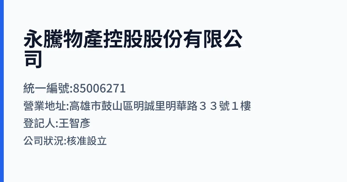 永騰物產控股股份有限公司 - 統編 85006271(高雄市) 公司登記資料與營業項目詳細圖表