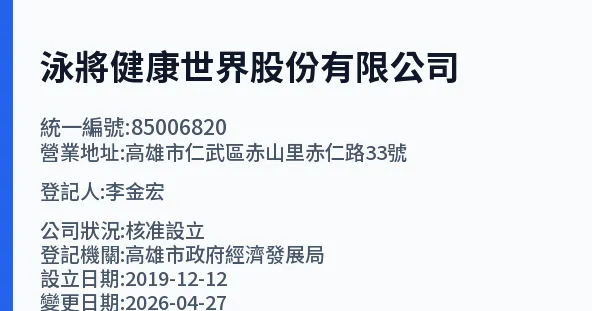 泳將健康世界股份有限公司的照片-統編 85006820(高雄市) 公司登記資料與營業項目詳細圖表