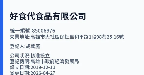 好食代食品有限公司的照片-統編 85006976(高雄市) 公司登記資料與營業項目詳細圖表
