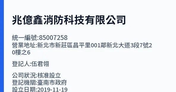 兆億鑫消防科技有限公司的照片-統編 85007258(新北市) 公司登記資料與營業項目詳細圖表