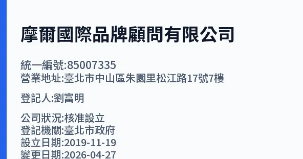 摩爾國際品牌顧問有限公司的照片-統編 85007335(臺北市) 公司登記資料與營業項目詳細圖表