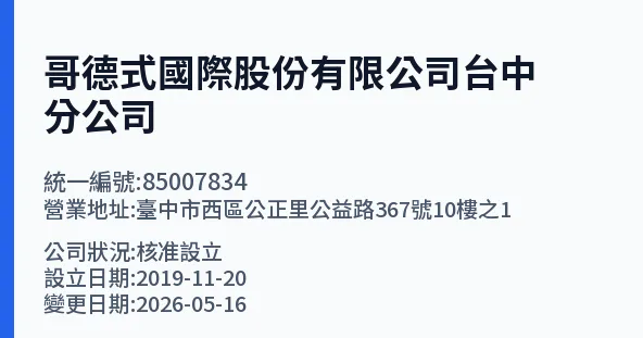 哥德式國際股份有限公司台中分公司的照片-統編 85007834(臺中市) 公司登記資料與營業項目詳細圖表