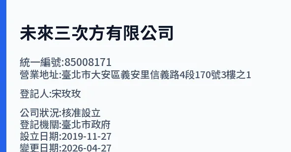 未來三次方有限公司的照片-統編 85008171(臺北市) 公司登記資料與營業項目詳細圖表