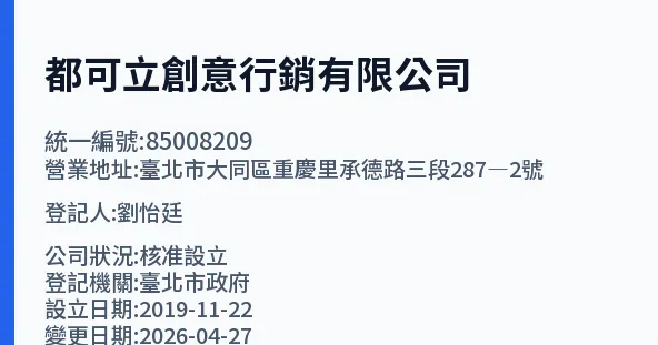 都可立創意行銷有限公司的照片-統編 85008209(臺北市) 公司登記資料與營業項目詳細圖表