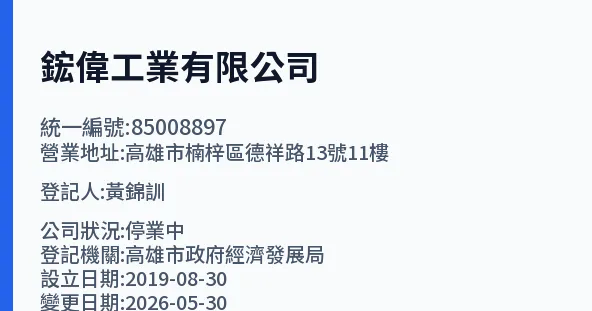 鋐偉工業有限公司的照片-統編 85008897(高雄市) 公司登記資料與營業項目詳細圖表