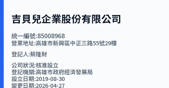吉貝兒企業股份有限公司的照片-統編 85008968(高雄市) 公司登記資料與營業項目詳細圖表