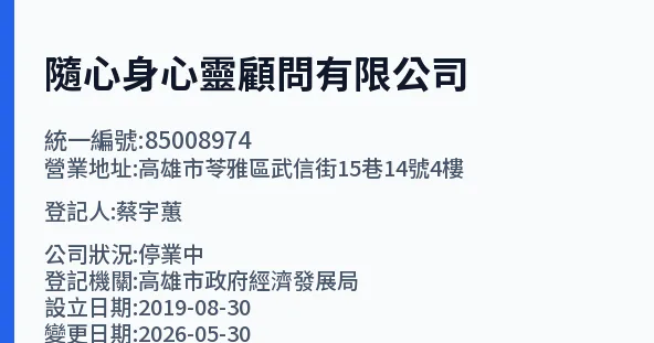 隨心身心靈顧問有限公司的照片-統編 85008974(高雄市) 公司登記資料與營業項目詳細圖表