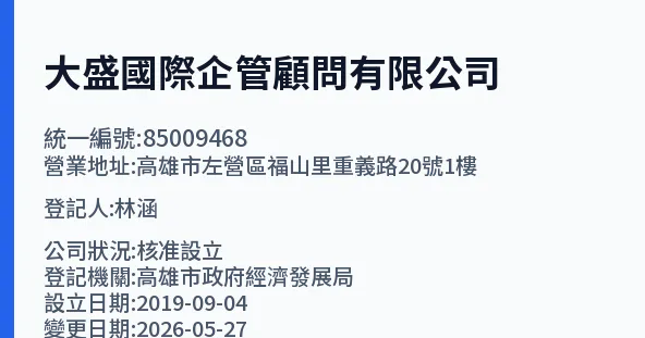 大盛國際企管顧問有限公司的照片-統編 85009468(高雄市) 公司登記資料與營業項目詳細圖表