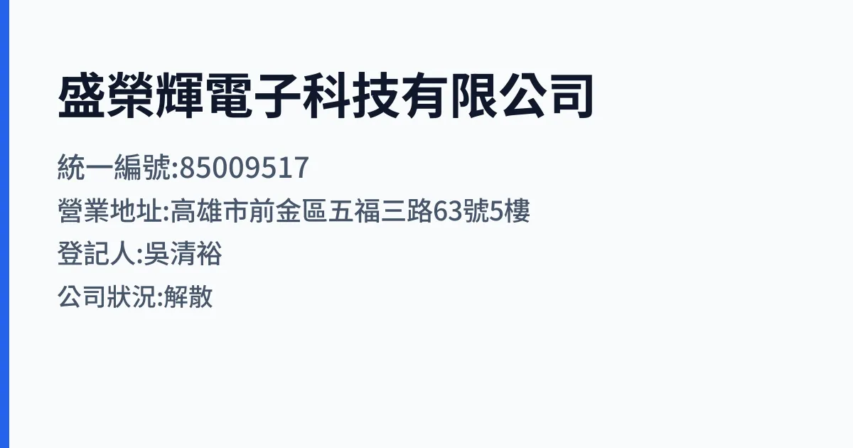 盛榮輝電子科技有限公司 - 統編 85009517(高雄市) 公司登記資料與營業項目詳細圖表