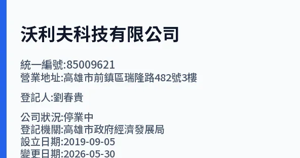 沃利夫科技有限公司的照片-統編 85009621(高雄市) 公司登記資料與營業項目詳細圖表
