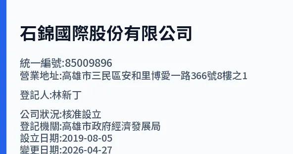 石錦國際股份有限公司的照片-統編 85009896(高雄市) 公司登記資料與營業項目詳細圖表