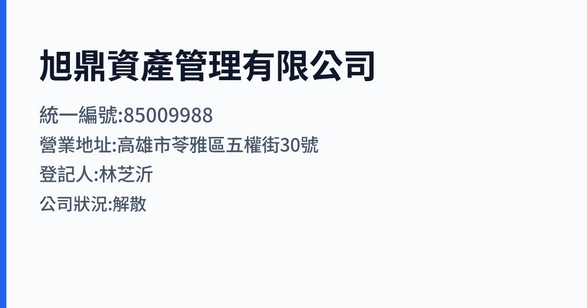 旭鼎資產管理有限公司 - 統編 85009988(高雄市) 公司登記資料與營業項目詳細圖表