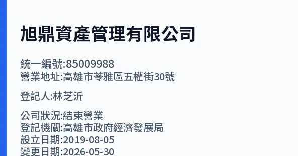 旭鼎資產管理有限公司的照片-統編 85009988(高雄市) 公司登記資料與營業項目詳細圖表
