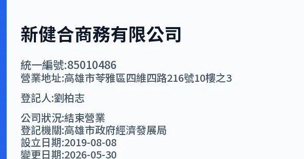 新健合商務有限公司的照片-統編 85010486(高雄市) 公司登記資料與營業項目詳細圖表